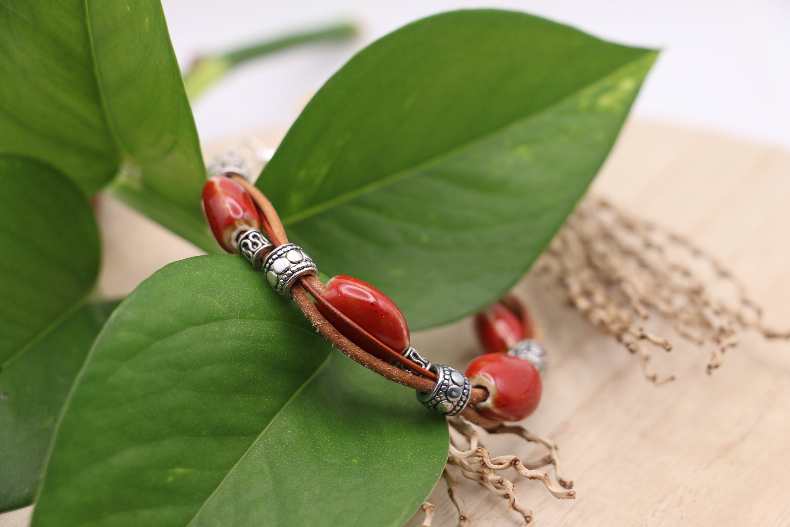 Bracelet Fire Red-Leather Porcelain Bead | Tempo Alley Jewelry